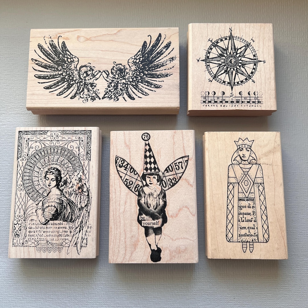 Vintage Rubber Stamp Wings, Angel, Compass, Collage Wood Mounted Stamps ...