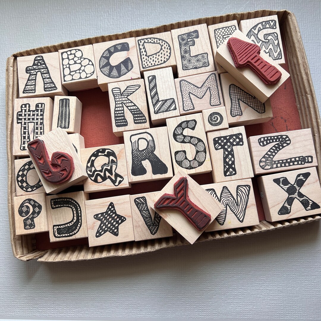 Vintage Alphabet Pattern Letters 30 Rubber Stamp Wood Mounted Set Free ...