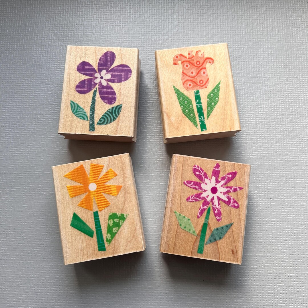 Hero Vintage Rubber Stamp Paper Cut Floral Four Flower Garden Wood ...