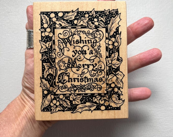 Vintage Wishing You A Merry Christmas Holiday PSX Wood Mounted Rubber ...