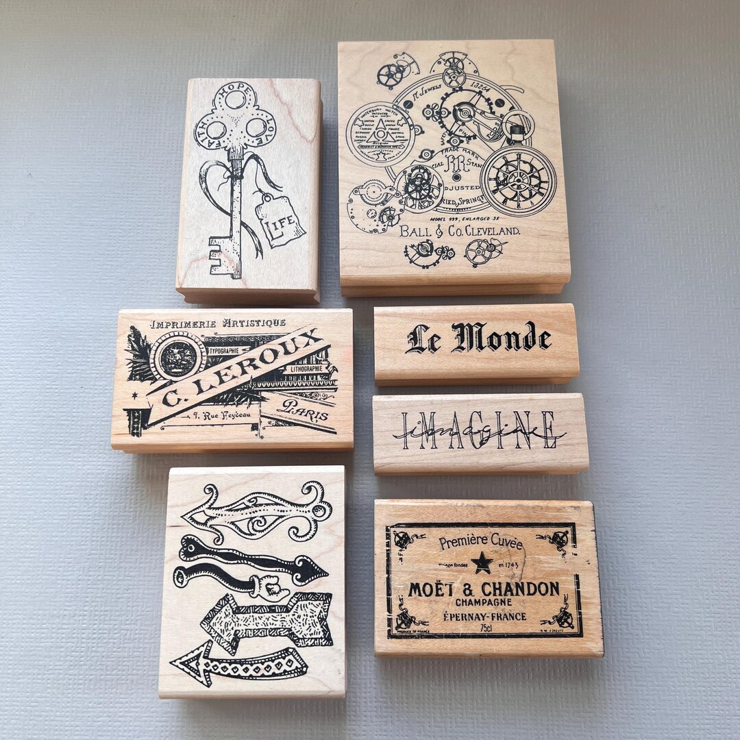 Vintage Rubber Stamp Keys, Watch Parts, Arrows, Words Collage Wood ...