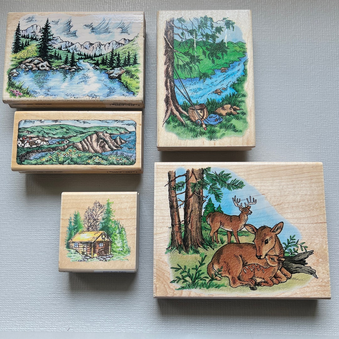 Vintage Rubber Stamp Nature Scenes Landscape Forest, Cabin, Deer ...