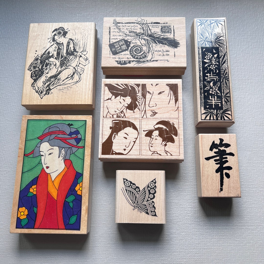 Vintage Asian Themed Geisha, Butterfly, Bamboo Wood Mounted Rubber ...