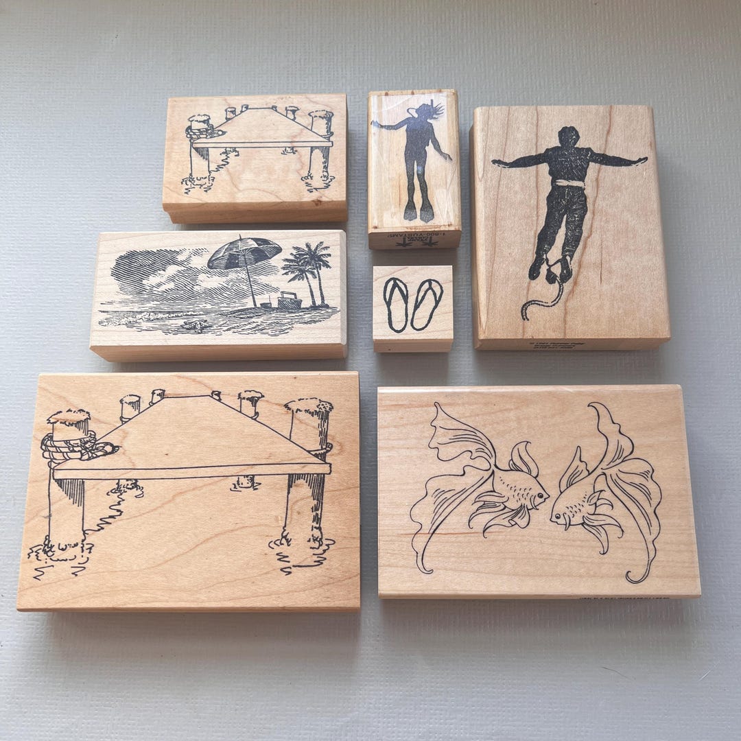 Vintage Rubber Stamp Fishing, Boat Docks and Scuba Divers, Wood Mounted ...