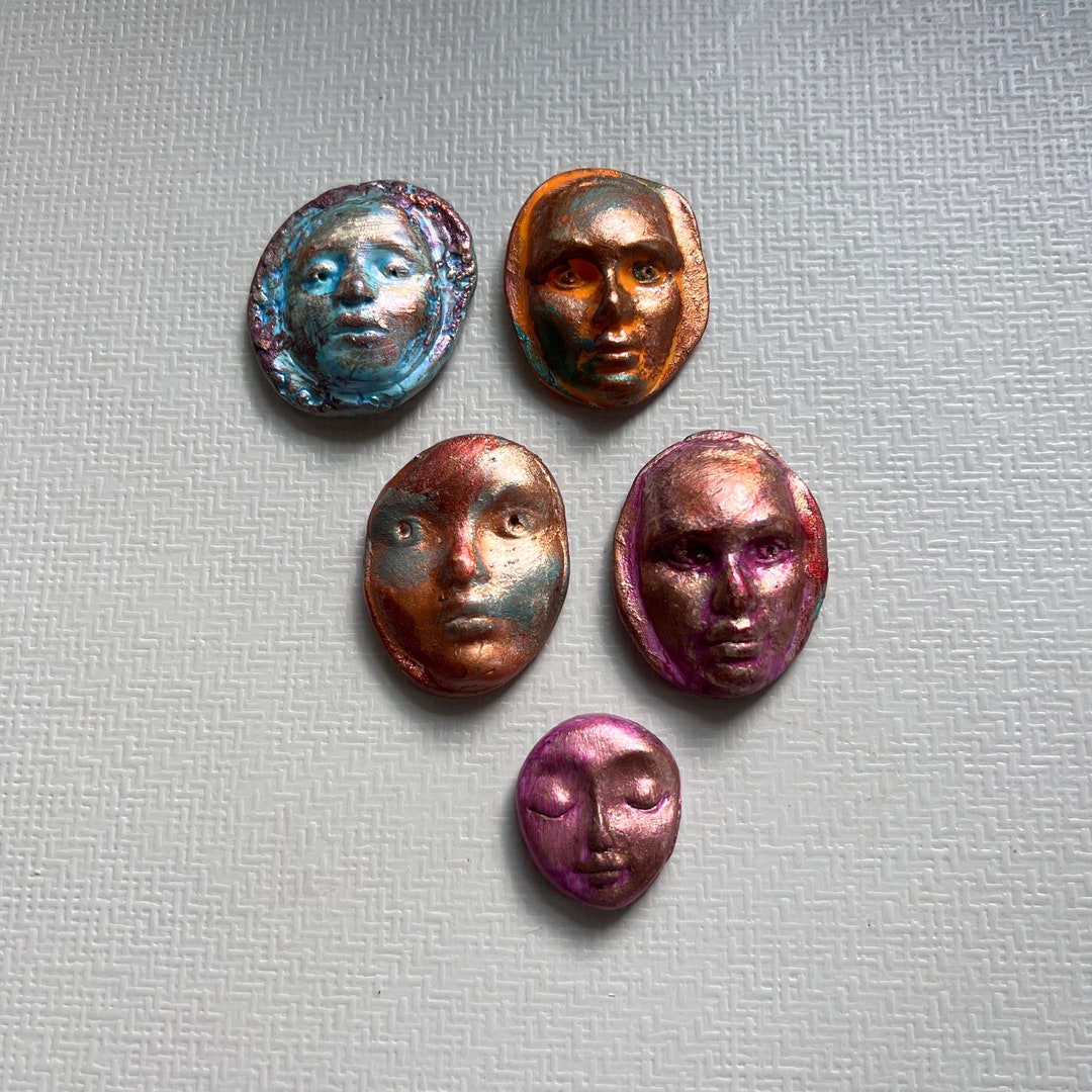 Polymer Clay Face Metallic Gold, Copper, Blue, Cabochons Molded Art ...