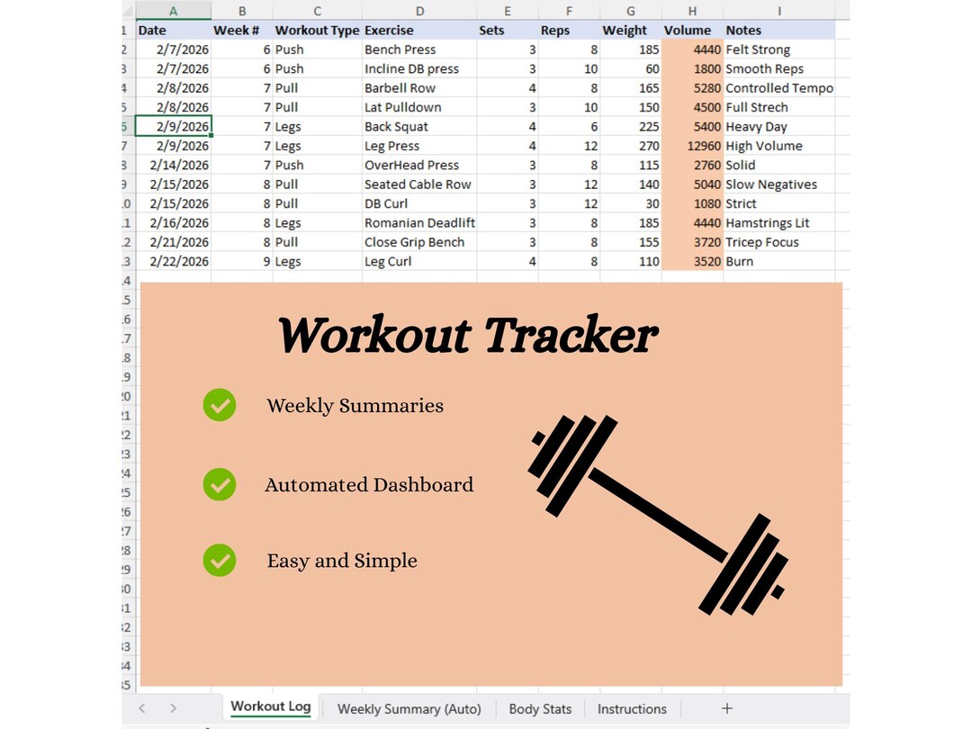 Workout Tracker Excel Spreadsheet With Weekly Summary & Body Stats - Etsy