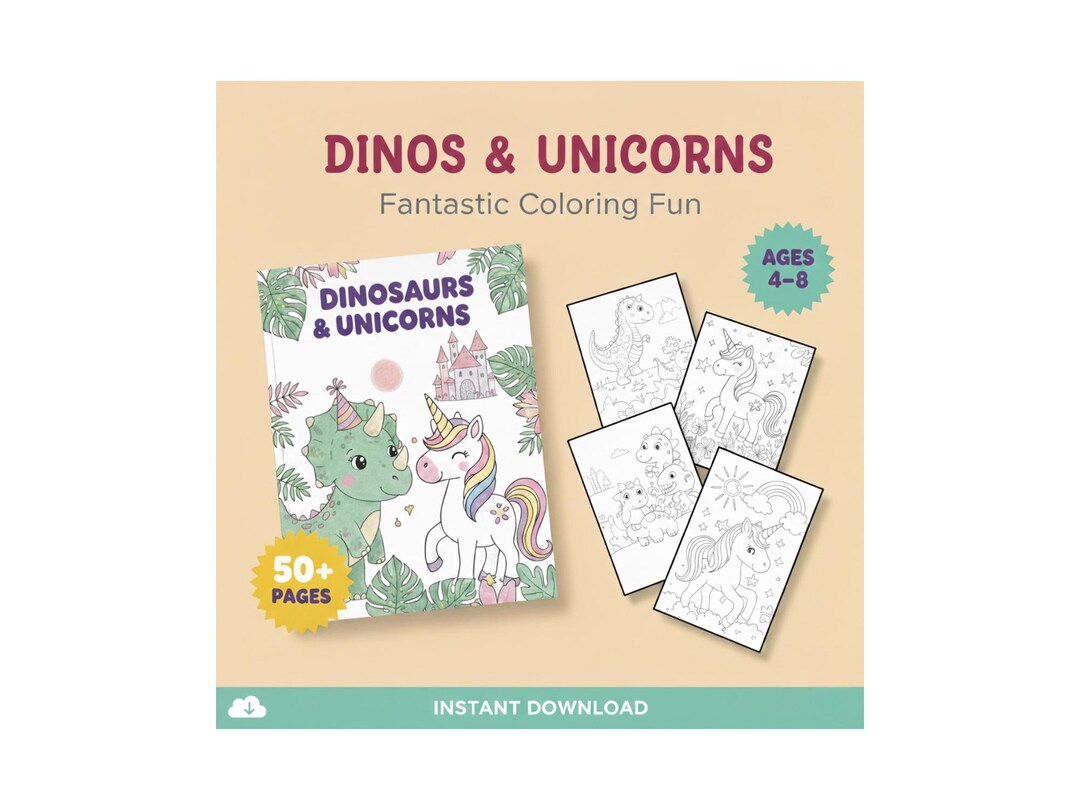 Dinosaur and Unicorn Coloring Book for Kids | Printable PDF | Ages 4–8 ...