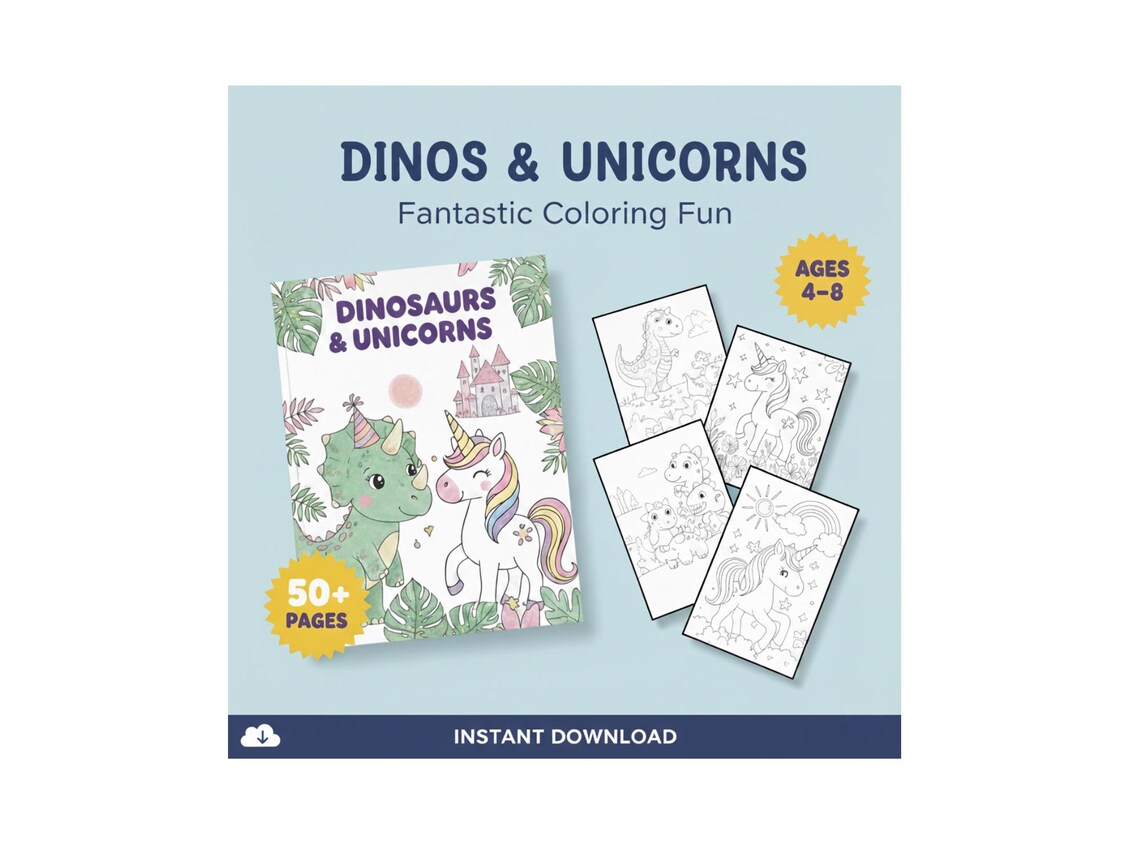 Dinosaur and Unicorn Coloring Book for Kids | Printable PDF | Ages 4–8 ...