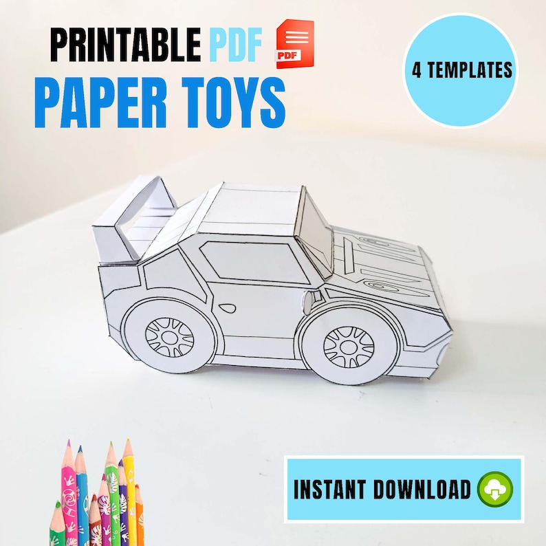 Printable Paper Car Set – 4 Vehicle Models, Coloring Activity (instant ...