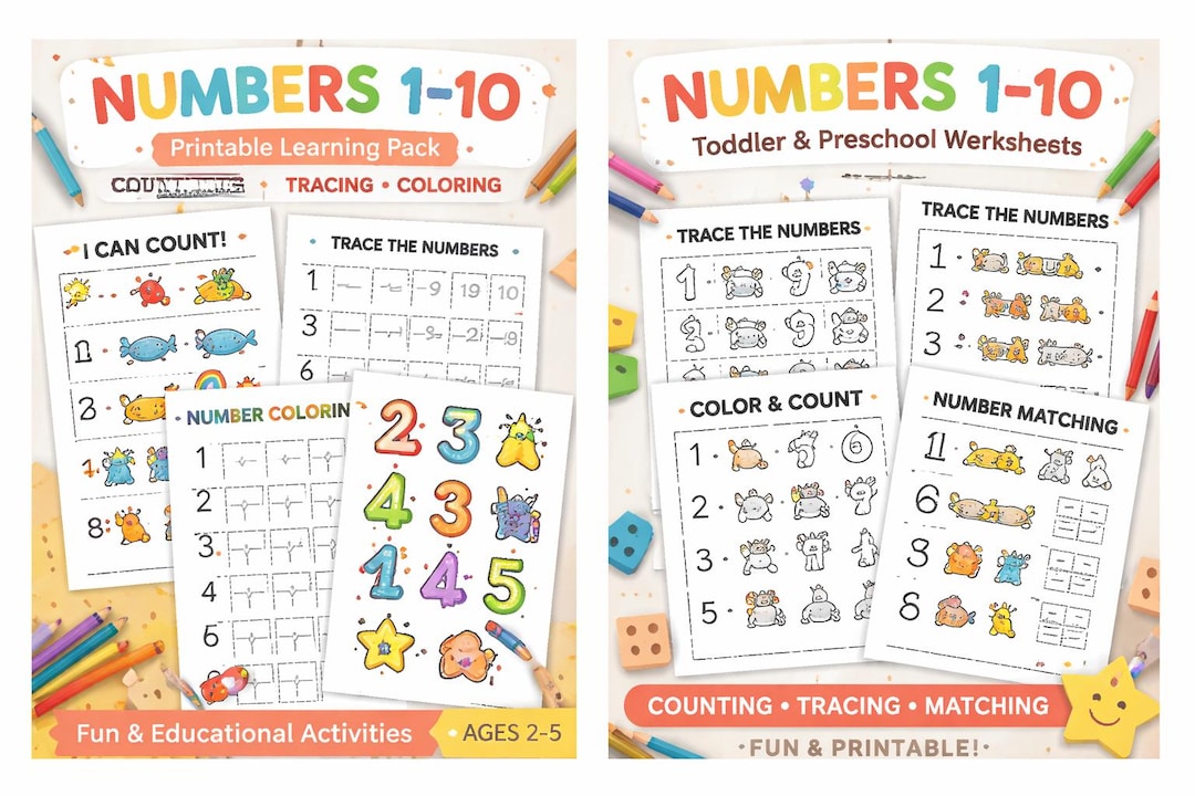 Numbers 1 Through 10 Learning Bundle Toddler & Preschool Worksheets - Etsy