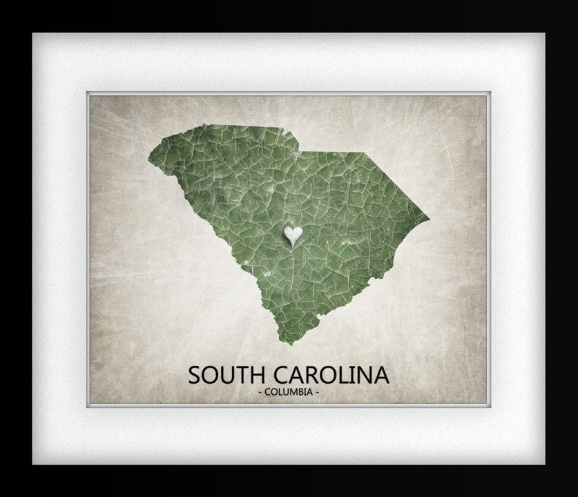 South Carolina State Map Print Original Heart Map Original - Etsy