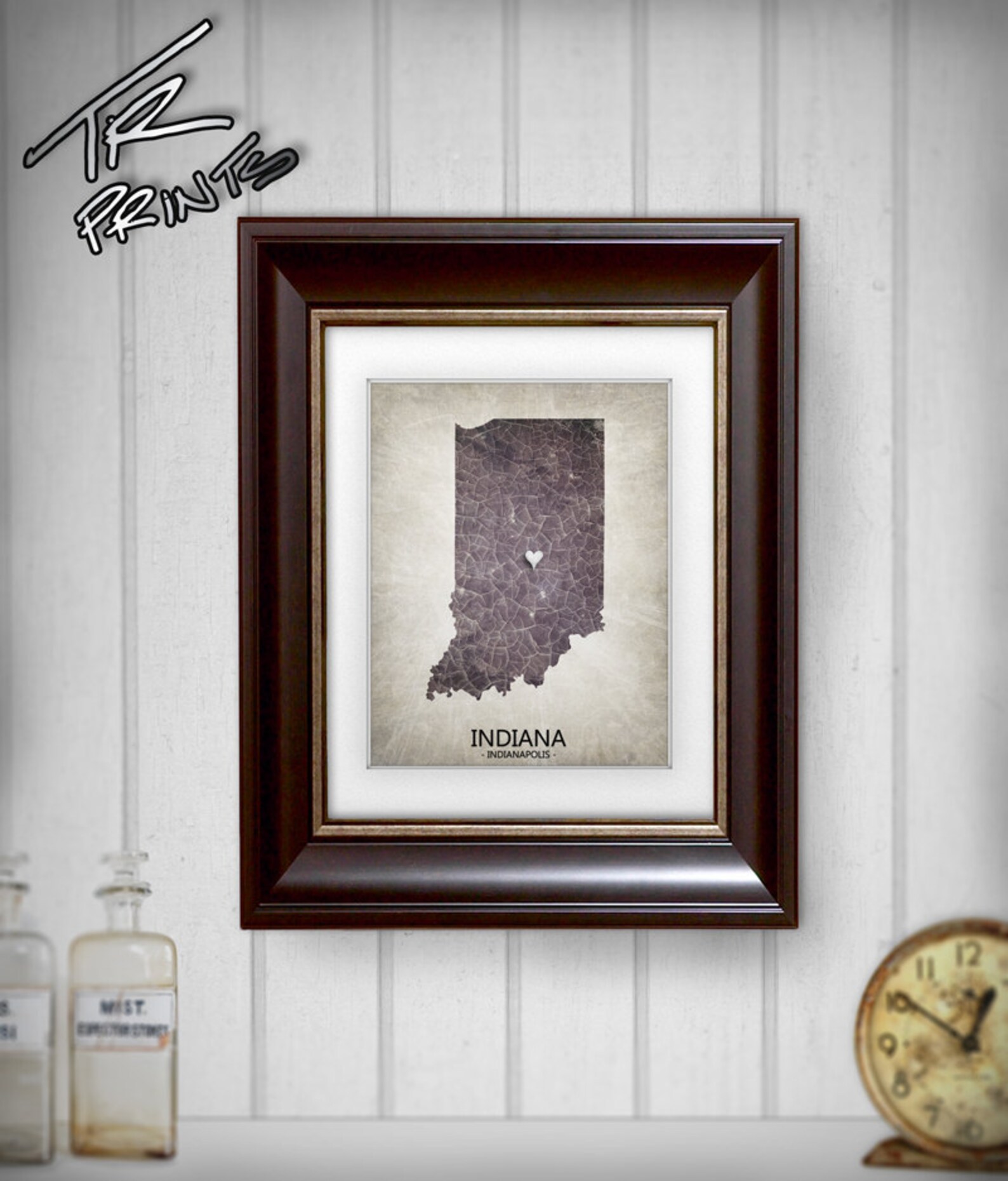 Indiana State Map Art Print Home Town Love Heart Map Original Map Print ...
