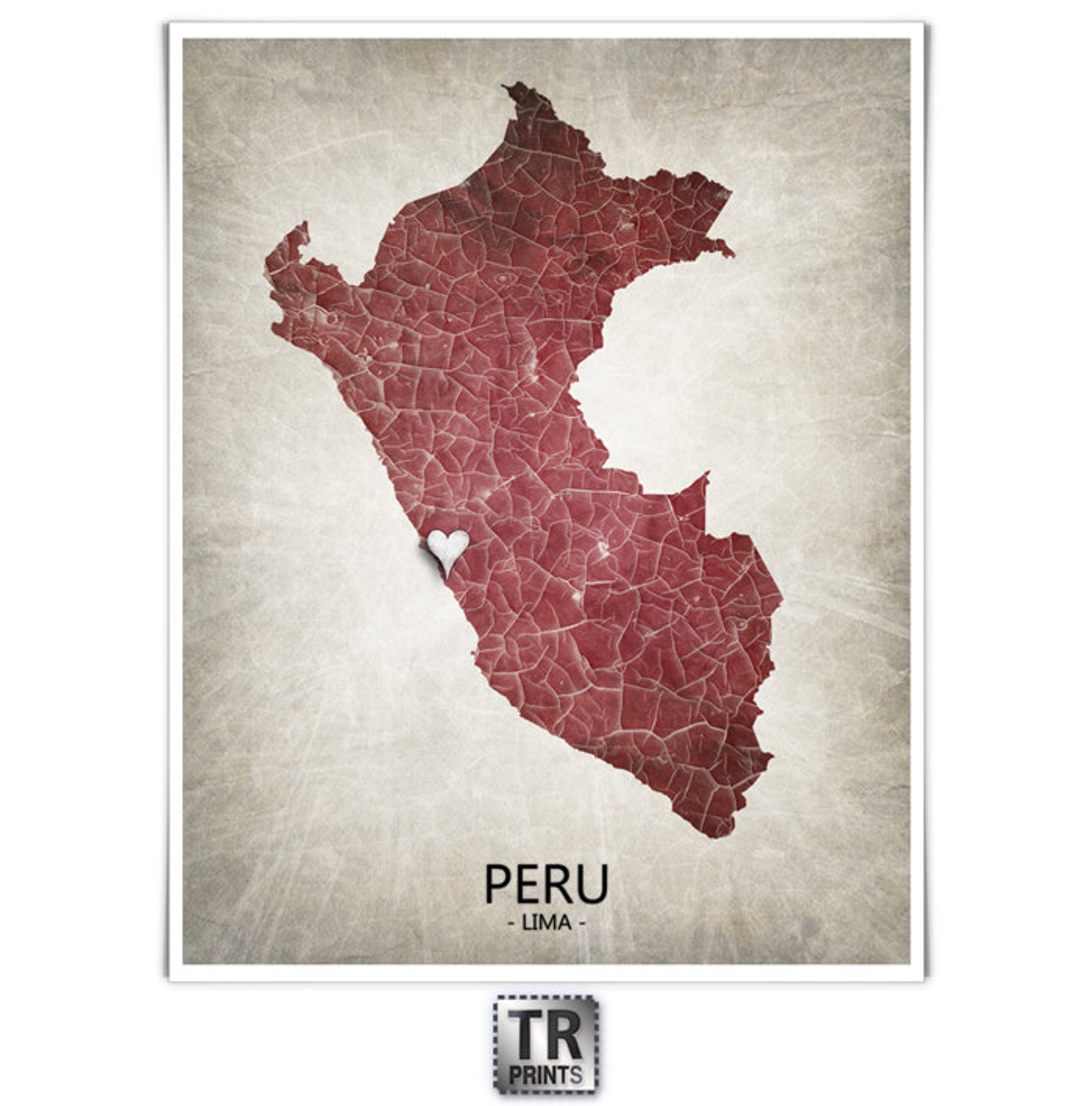 Peru Map Art Print Home Town Heart Map Original Custom Art Print ...