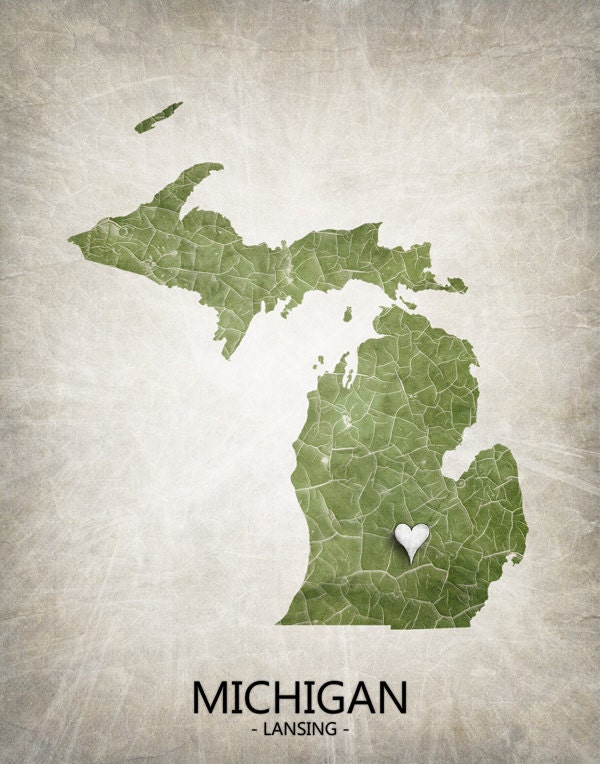 Michigan State Map Art Print Home Town Love State Map | Etsy
