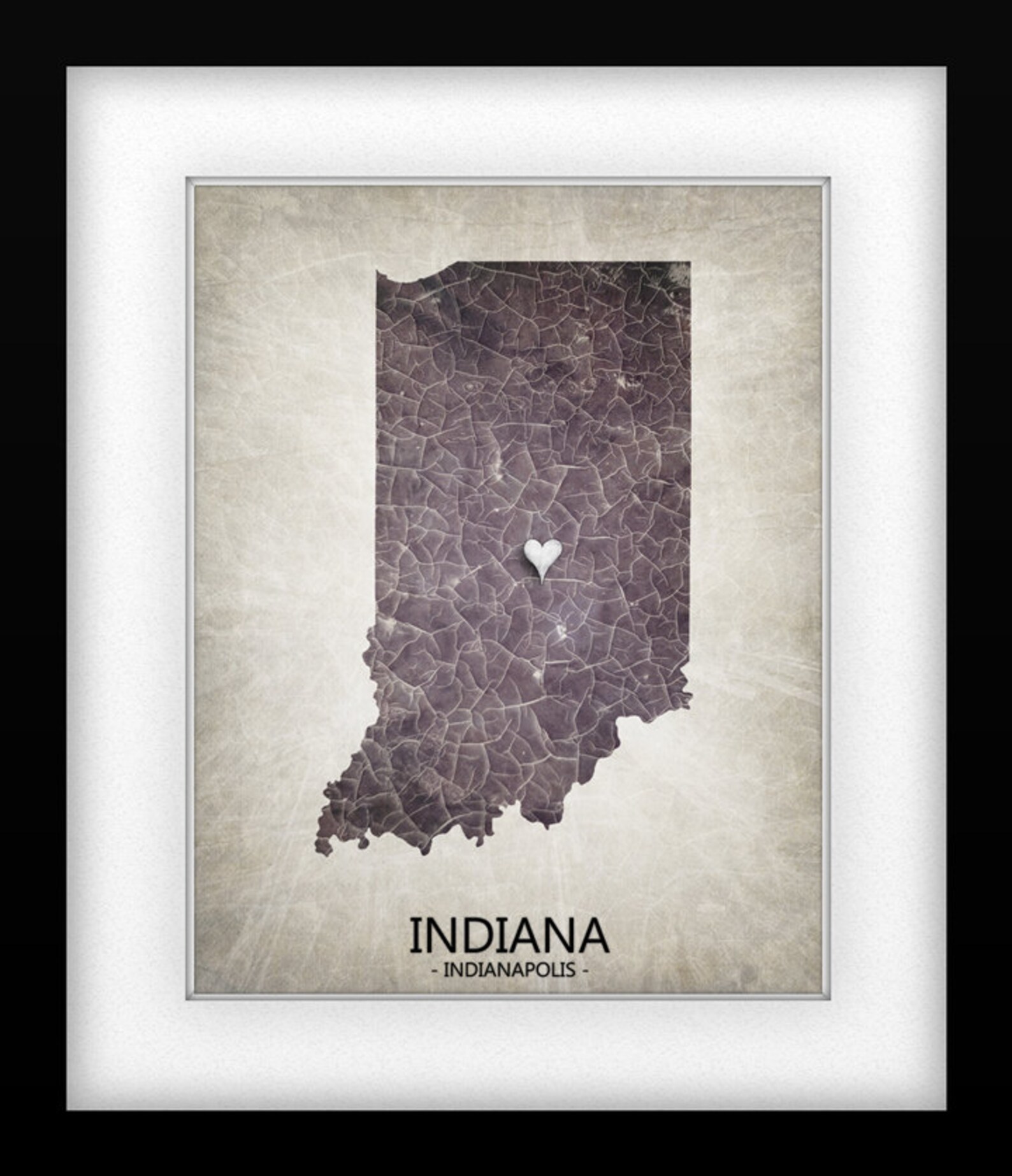 Indiana State Map Art Print Home Town Love Heart Map Original Map Print ...