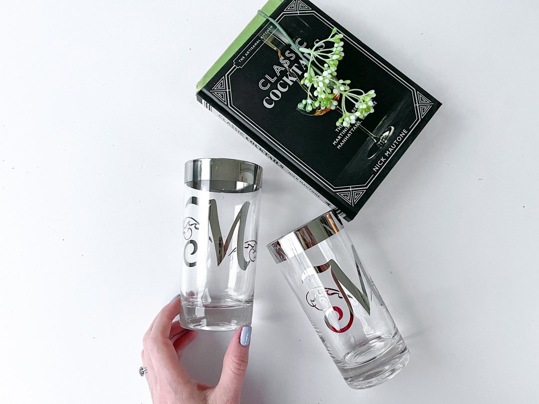 Monogram Letter M Highball Glasses, Midcentury Silver Rim Glassware ...