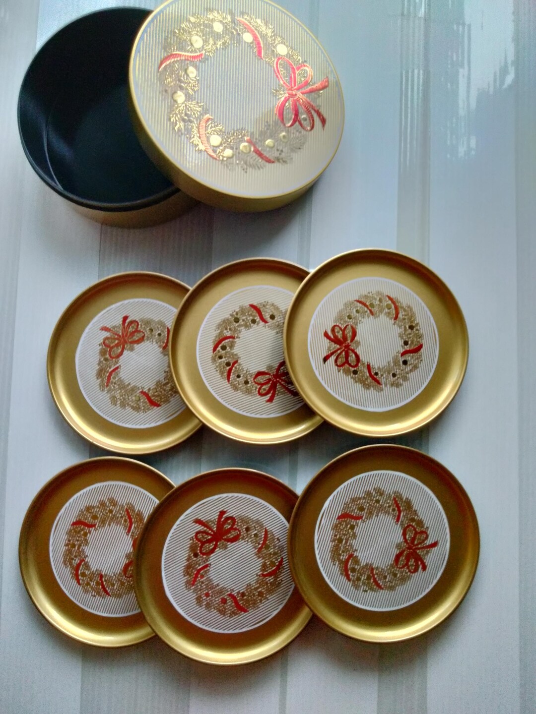 Set of 6 Otagiri Japan Lacquerware Christmas Coasters With Tin. Gold ...