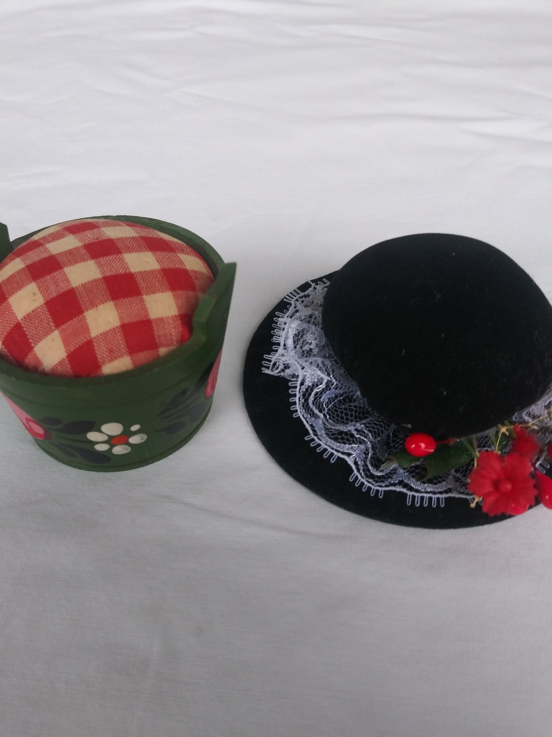 Set of 2 Vintage Pin Cushion /hat Pin Cushion and Wooden Round - Etsy