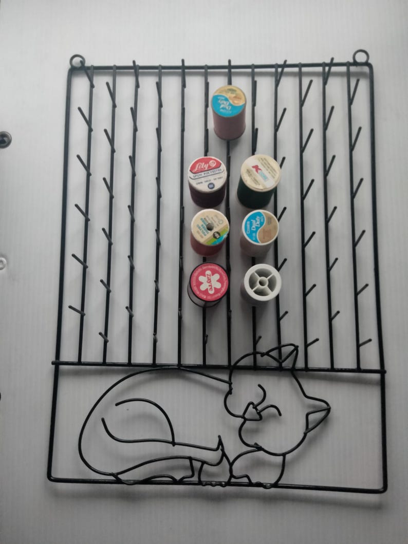 Vintage Black Metal Thread Spool Storage for Wall With Sleeping Cat ...