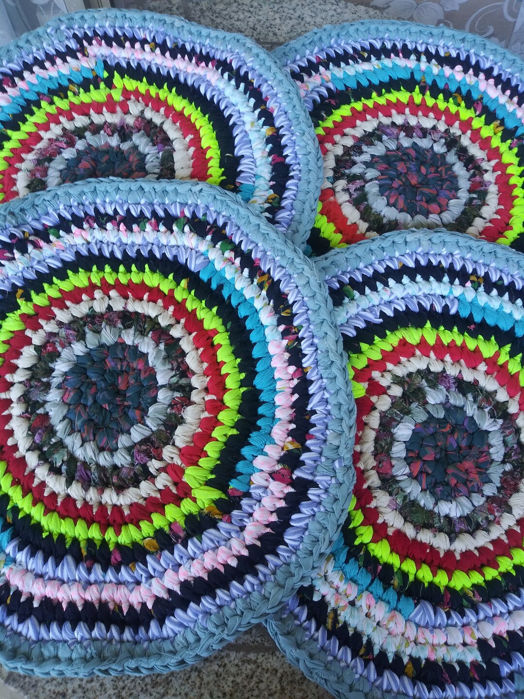 Crocheted Rag Rug Chair Pads, Set of 4, Multicolor - Etsy