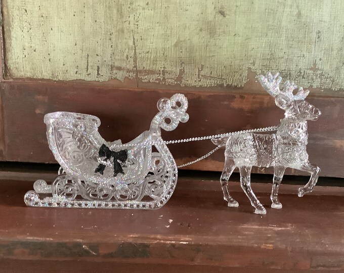 Vintage Clear Acrylic Reindeer With Sleigh Set / Christmas Decoration ...