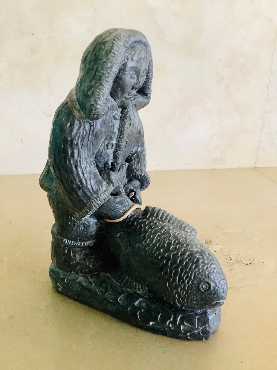 A Wolf Original Inuit Eskimo With Fish Soapstone Sculpture / Canadian ...