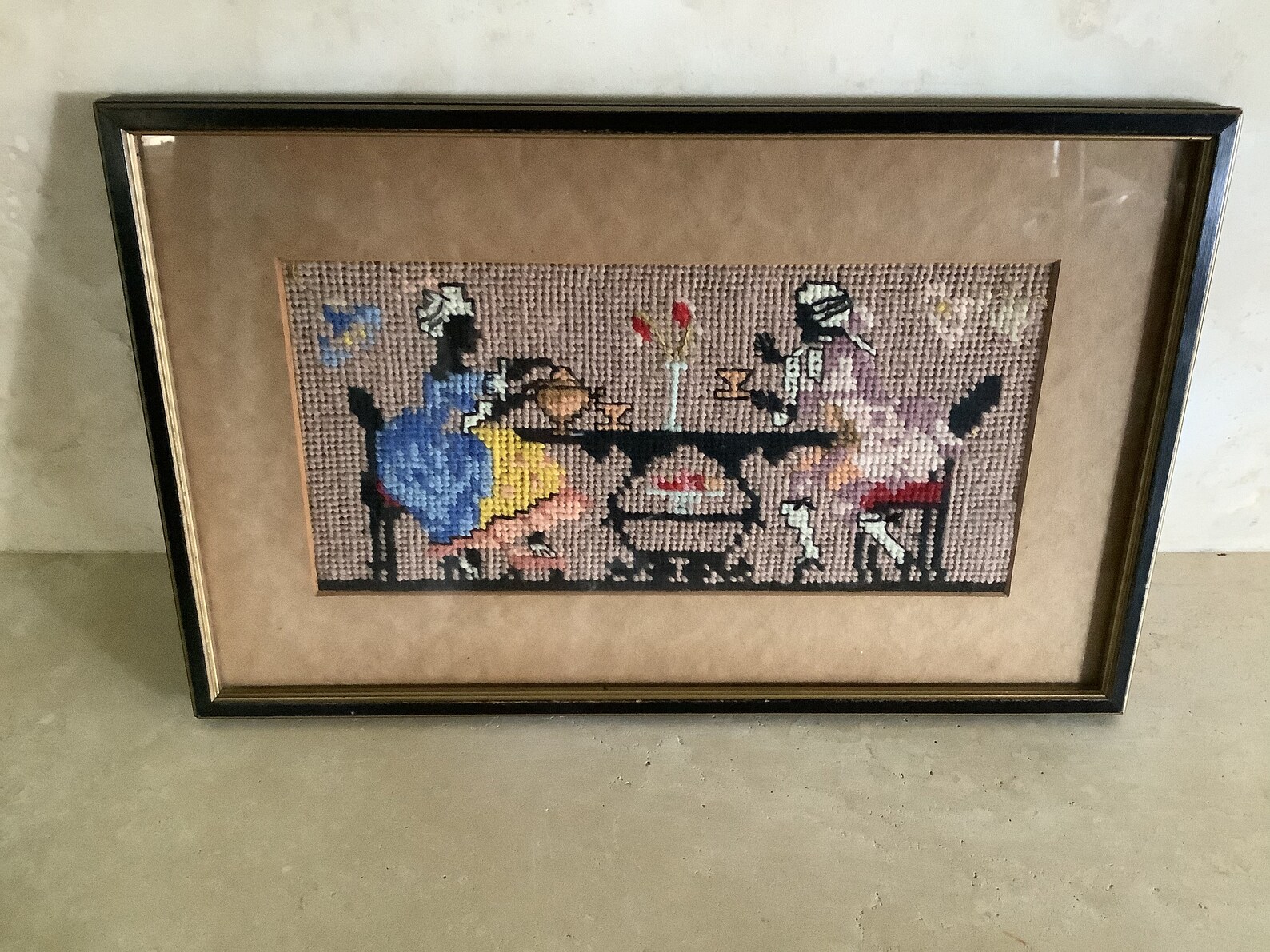 Antique Needle Point Picture of a Victorian Couple at a Dinner Table ...