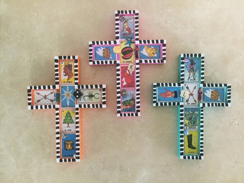 Funky Cross Handmade with Mexican Loteria Cards Worry Dolls | Etsy
