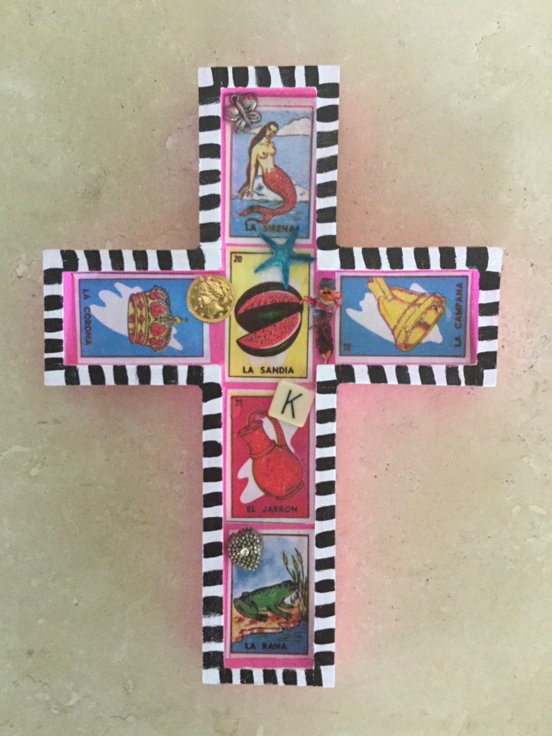 Funky Cross Handmade with Mexican Loteria Cards Worry Dolls | Etsy