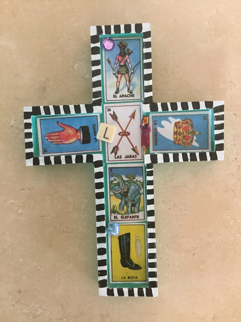 Funky Cross Handmade with Mexican Loteria Cards Worry Dolls | Etsy