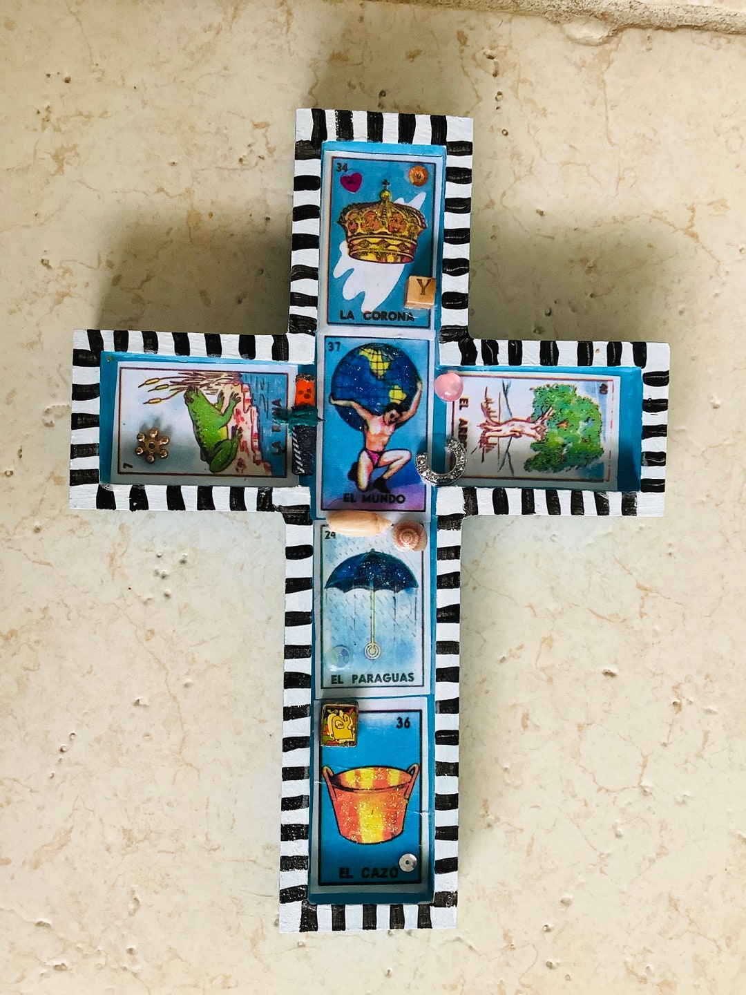 Funky Cross Handmade With Mexican Loteria Cards, Worry Dolls and Other ...