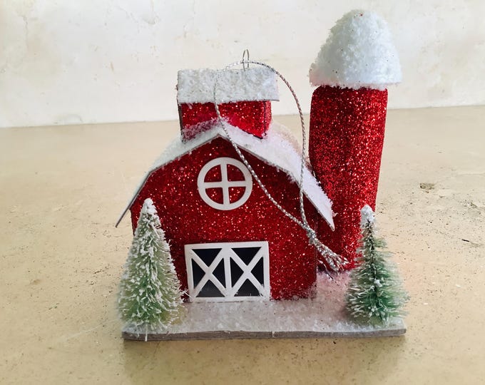 Red Glitter Barn With Silo Christmas Ornament, Christmas Barn ...