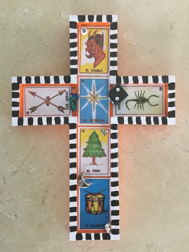 Funky Cross Handmade with Mexican Loteria Cards Worry Dolls | Etsy