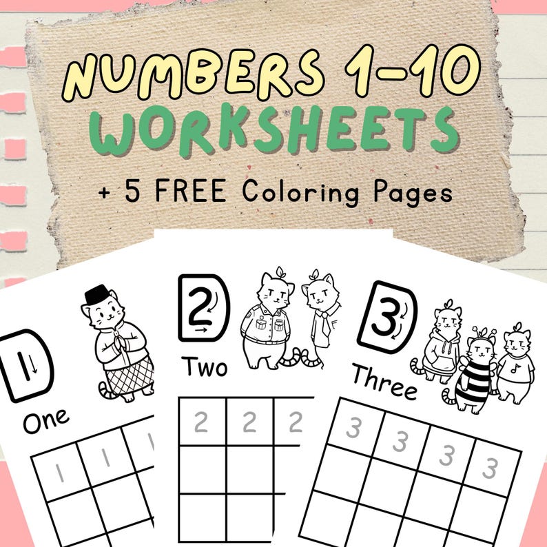 Numbers 1-10 Tracing Worksheets, Mamel Cat Coloring Pages Printable PDF ...