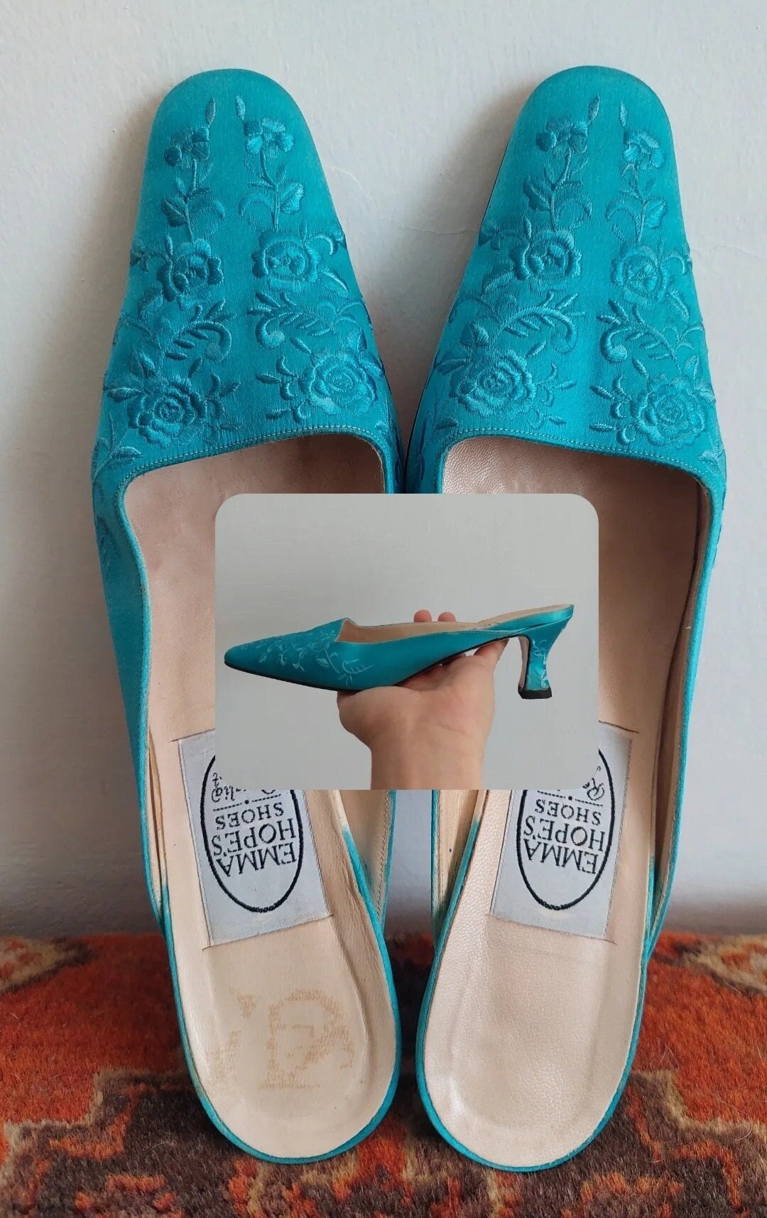 Vintage Emma Hope Shoes Mules | Leather & Silk Embroidered Flowers ...
