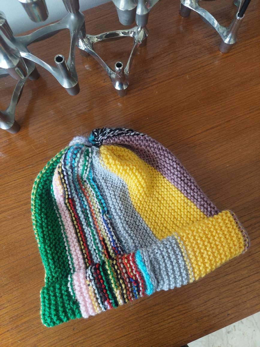 Hand-knitted Beanie Hat Made From Yarn Scraps - Etsy