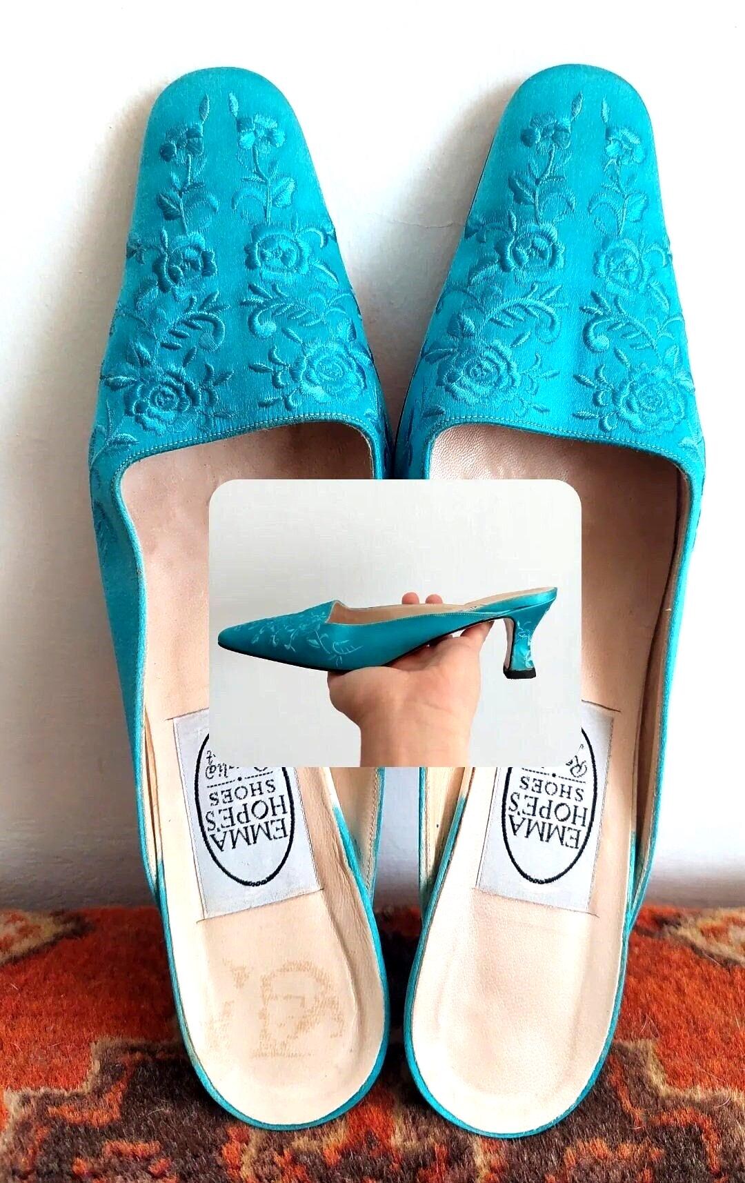 Vintage Emma Hope Shoes Mules | Leather & Silk Embroidered Flowers ...