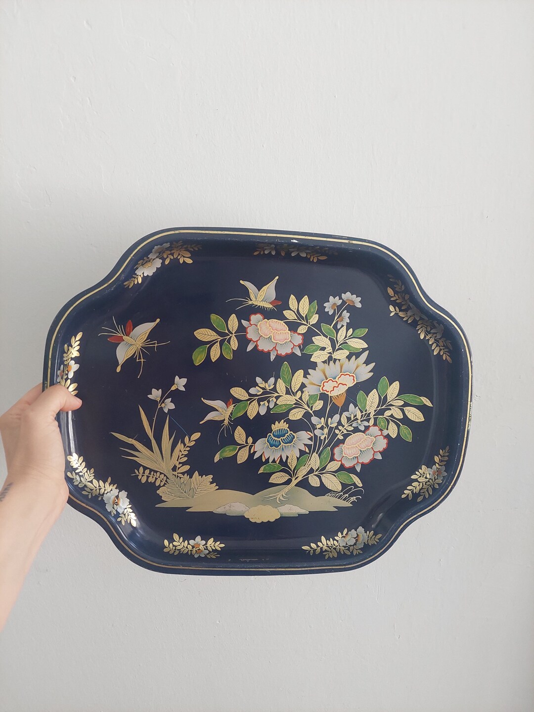 Vintage Tin Tray With Flowers and Flies - Etsy