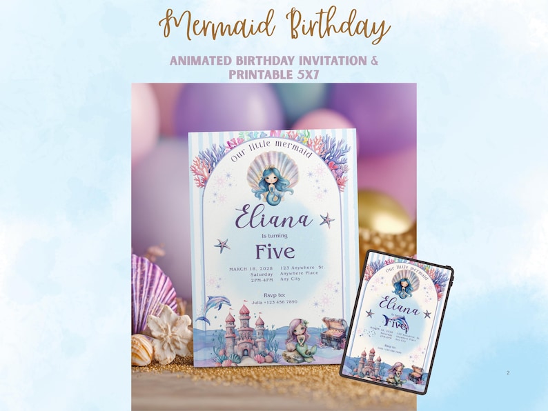 Animated Mermaid Birthday Digital Invite and Printable, Under the Sea ...
