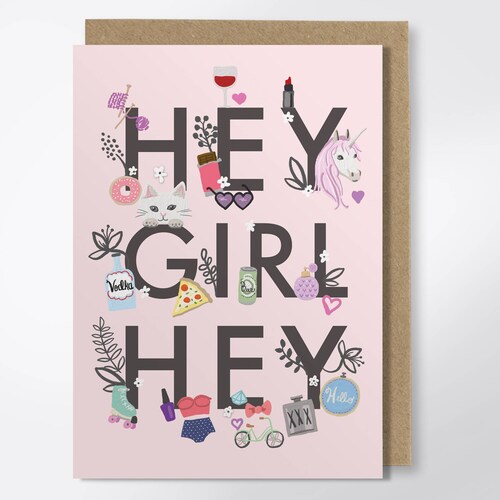 Hey Girl Hey Fun Greeting Card Illustrated Card Girly - Etsy