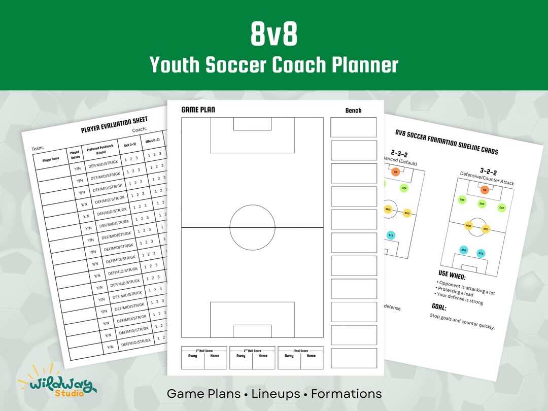 8v8 Youth Soccer Coach Planner Printable | Soccer Lineup Sheet | Soccer ...