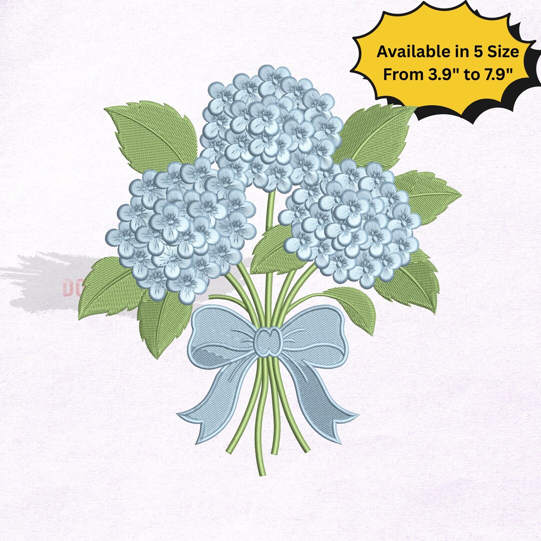 Blue Flower Bouquet Embroidery Design, Hydrangea Bow Floral Machine ...