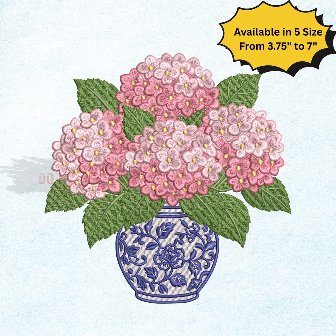 Pink Hydrangea Vase Embroidery Design, Chinoiserie Floral Machine ...