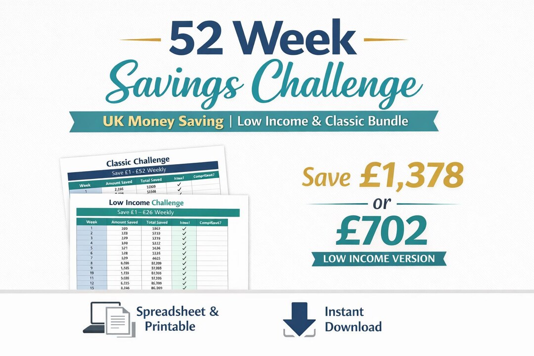 52 Week Savings Challenge UK | Low Income and Classic Bundle | 1,378 ...