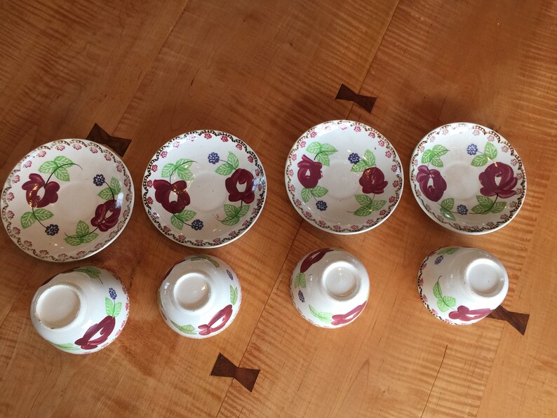 Antique Stick Spatterware Plates Cups and Saucers Spongeware Pottery ...