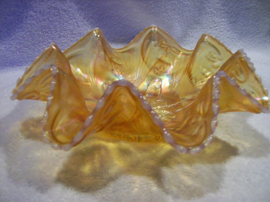 Antique Dugan Carnival Glass Bowl, Petal and Fan Pattern, Peach ...