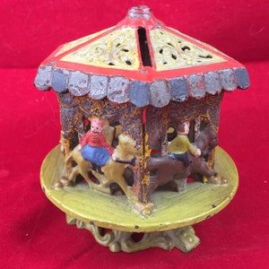 Antique Bank Merry Go Round Cast Iron Still / Mechanical Bank..carousel ...