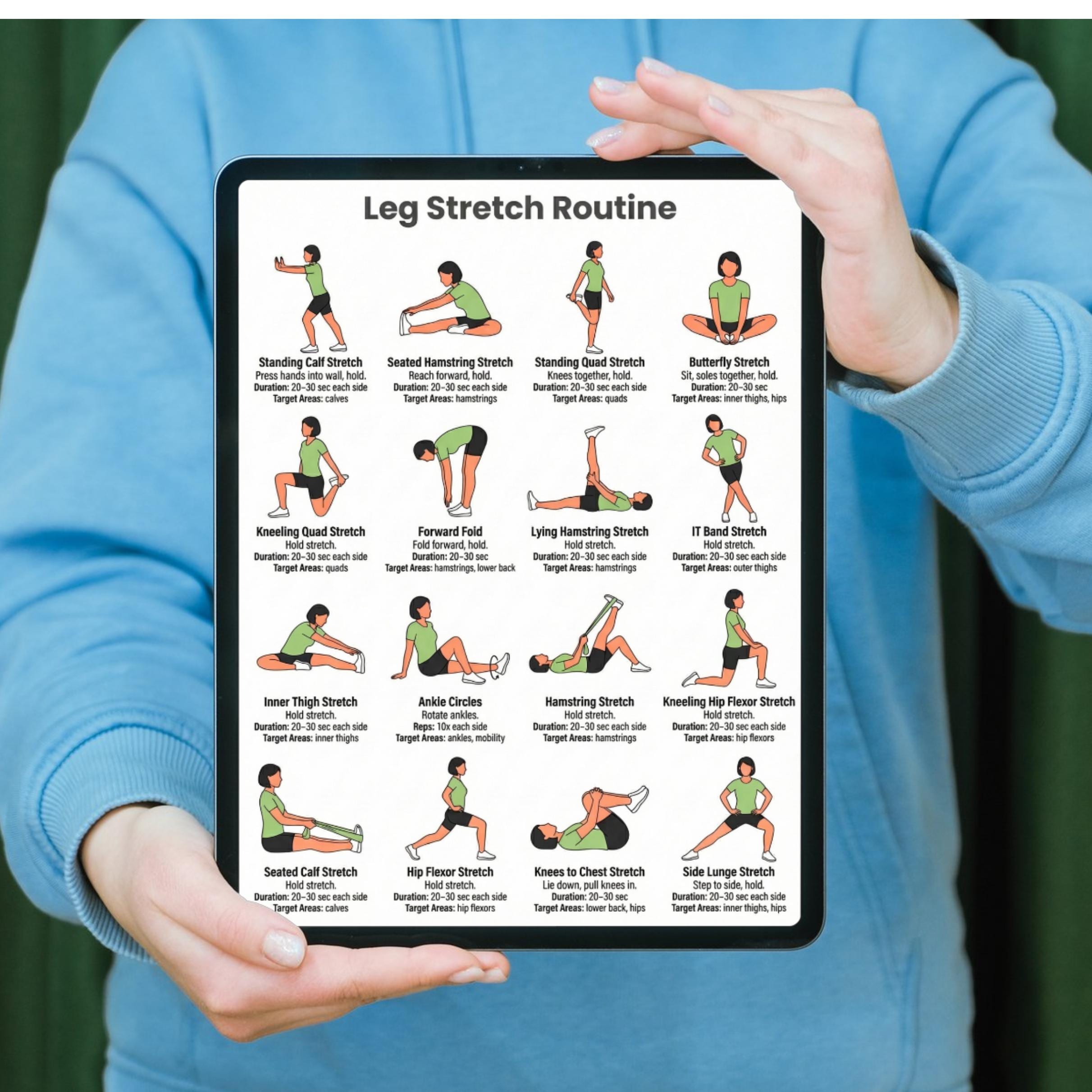Leg Stretch Routine Printable Poster, Exercises Lower Body Stretching ...