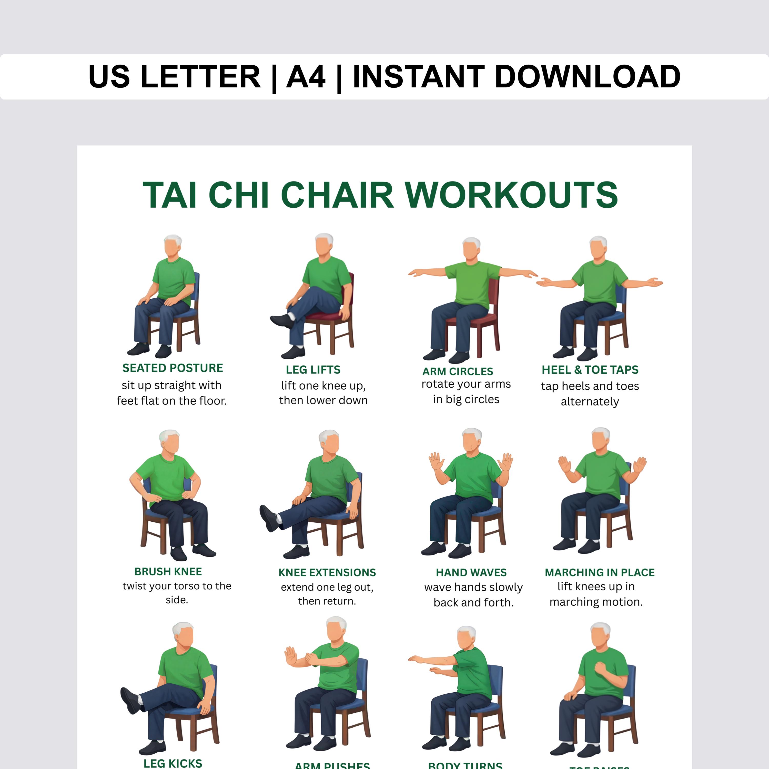 Tai Chi Chair Workout for Seniors, 16 Step Seated Exercise Chart, Tai ...