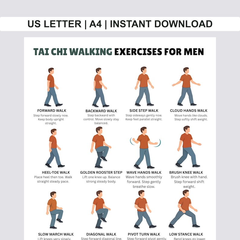 Tai Chi Walking Exercises for Men, Tai Chi Walking Printable, Tai Chi ...